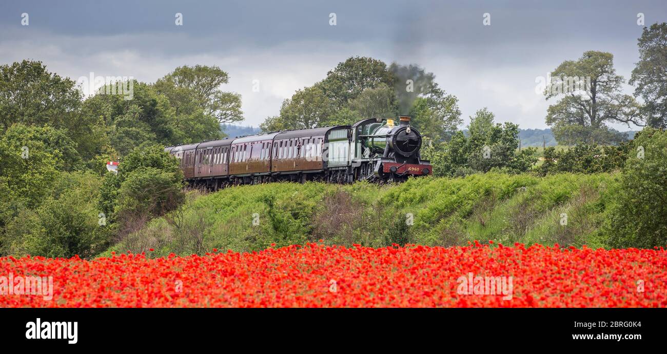 Landscape front view of vintage UK steam train Raveningham Hall 6960 ...