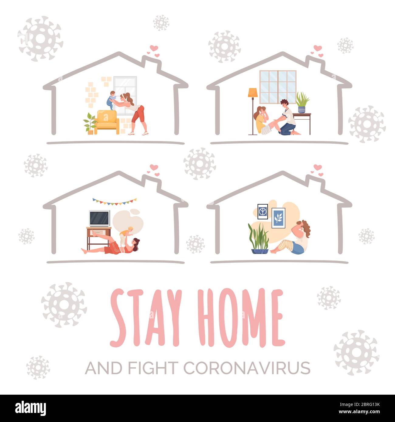 Stay home and fight coronavirus vector banner concept. Young people in ...