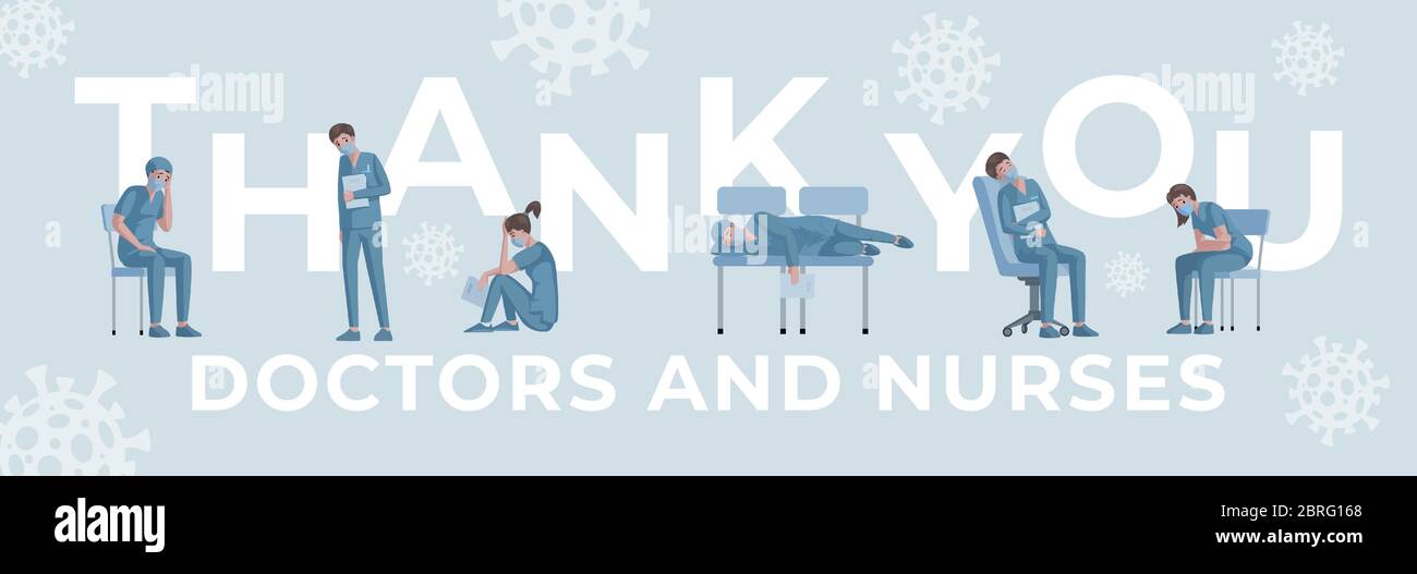 Thank you doctors and nurses vector poster template. Overworked medical ...