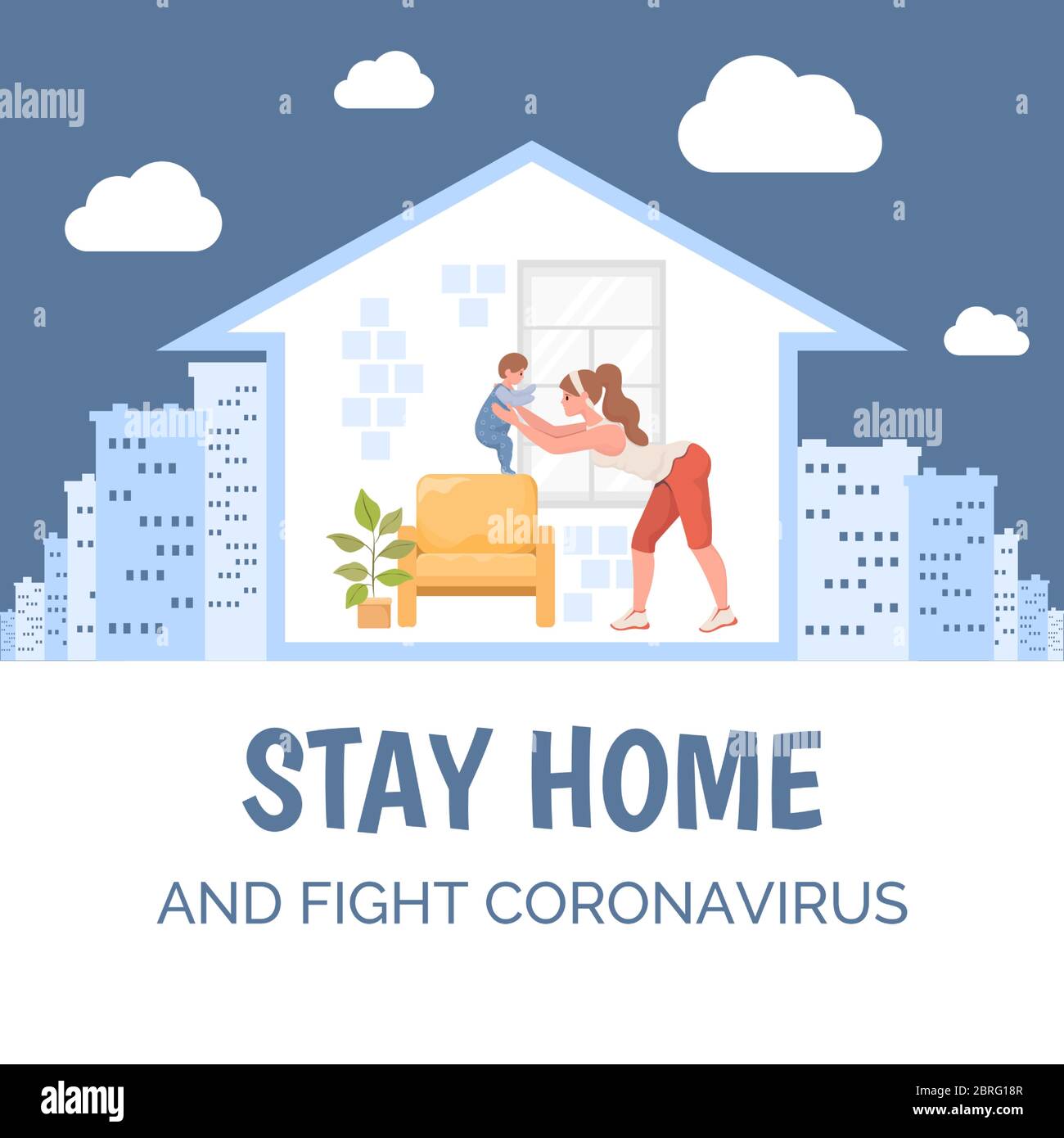 Stay home and fight coronavirus vector banner concept. Young woman ...