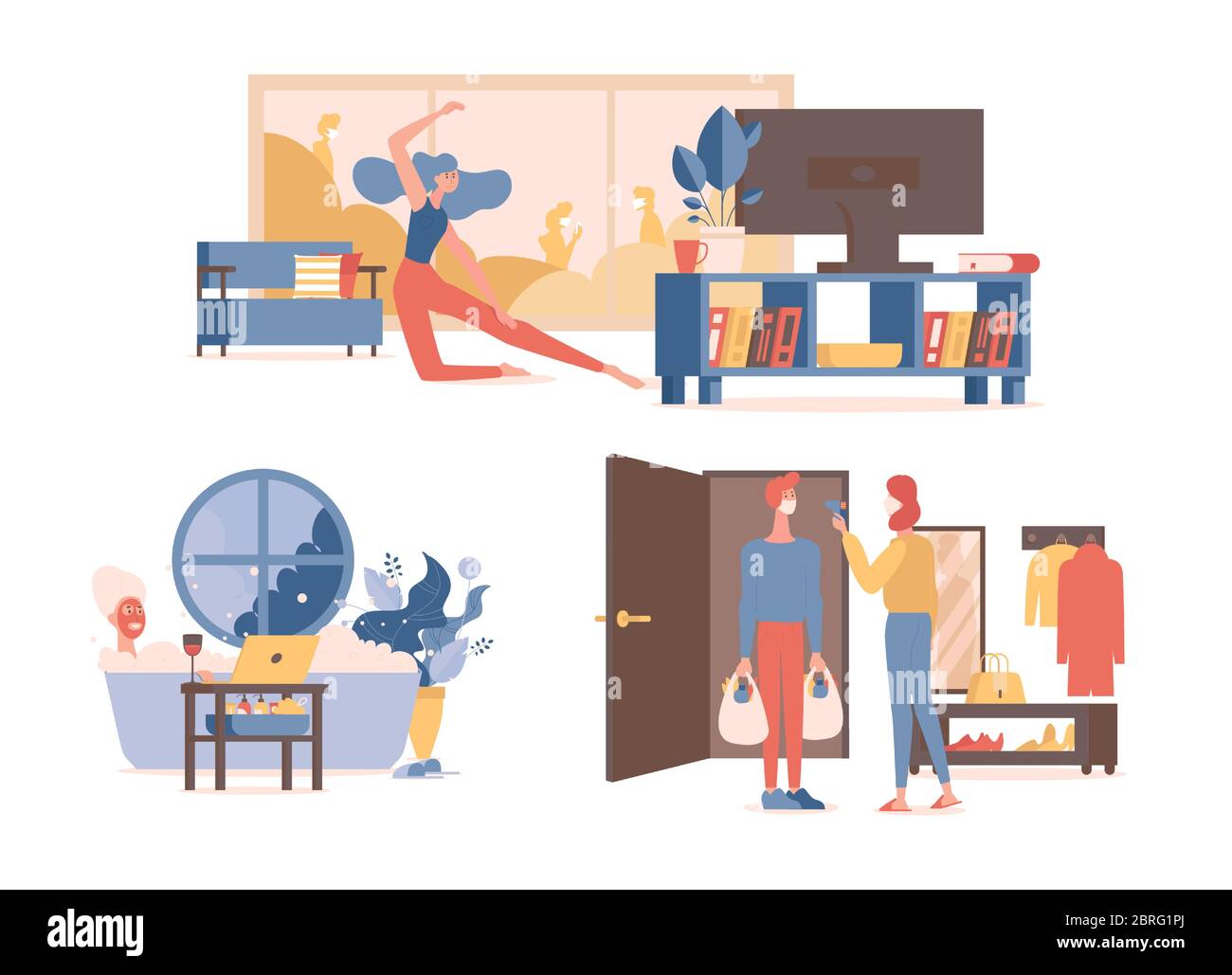 People spending time at home during Coronavirus outbreak vector flat ...