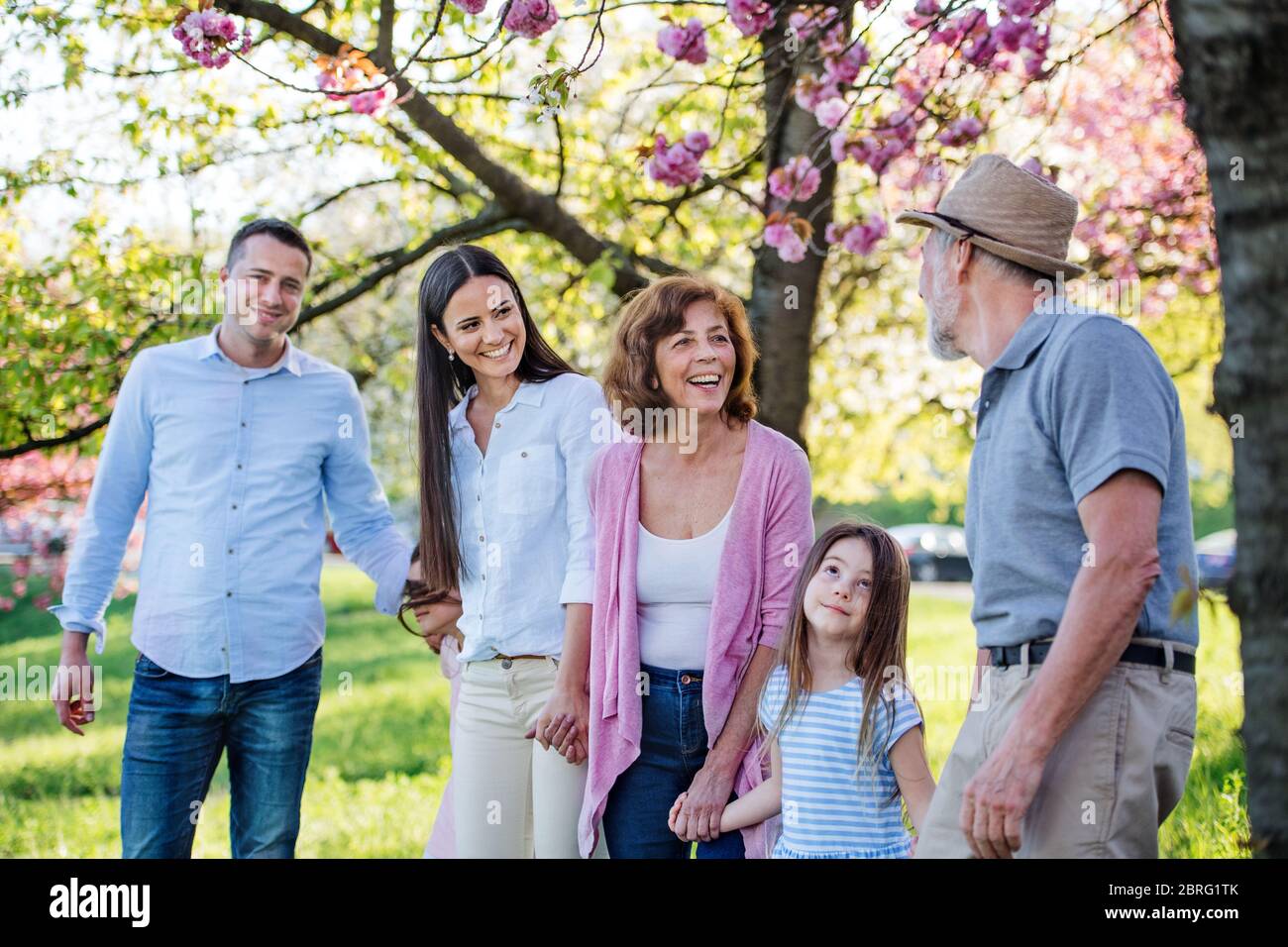 Three generation family on a walk outside in spring nature Stock Photo ...