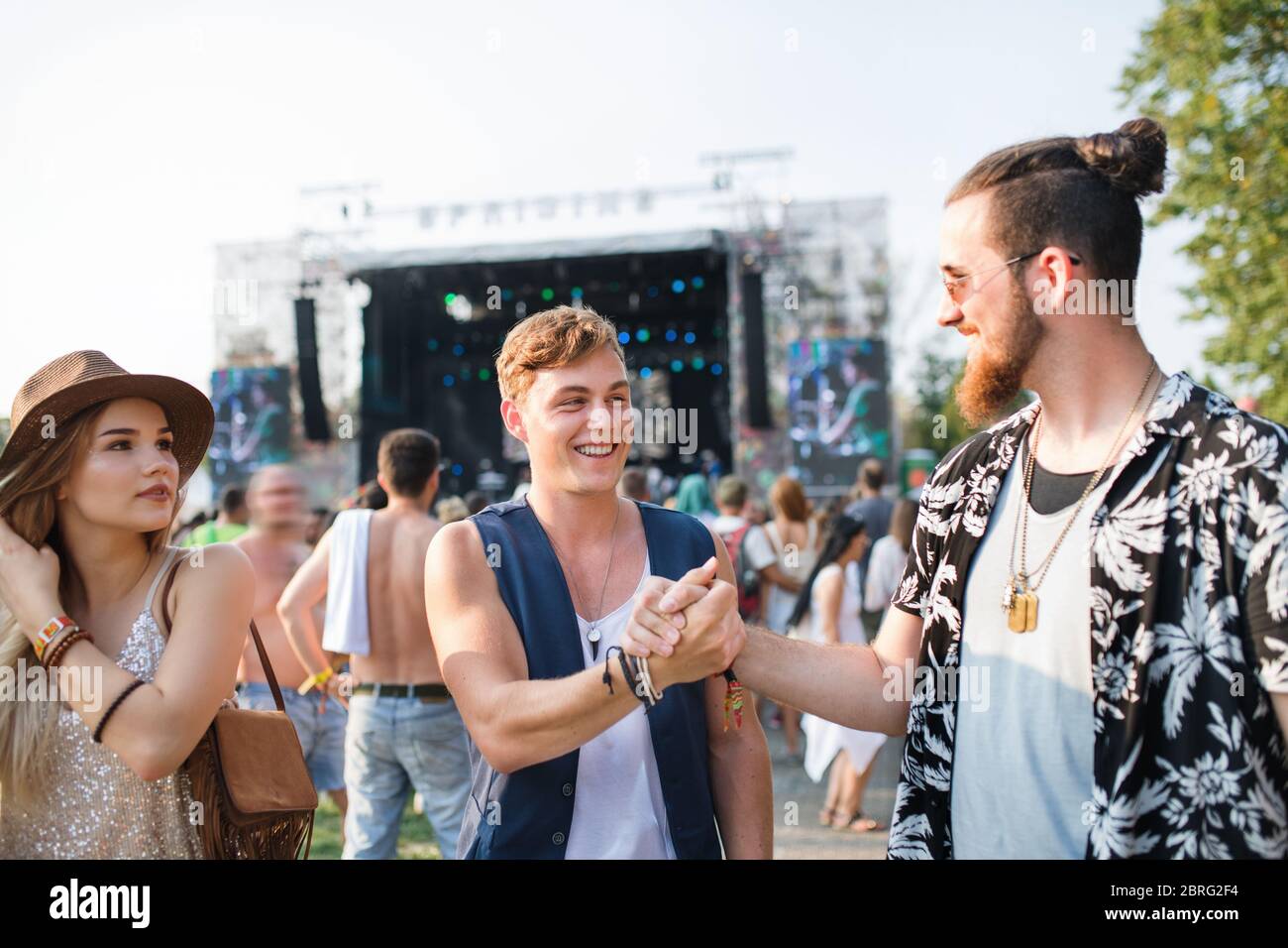 Group of young friends at summer festival, greeting Stock Photo - Alamy