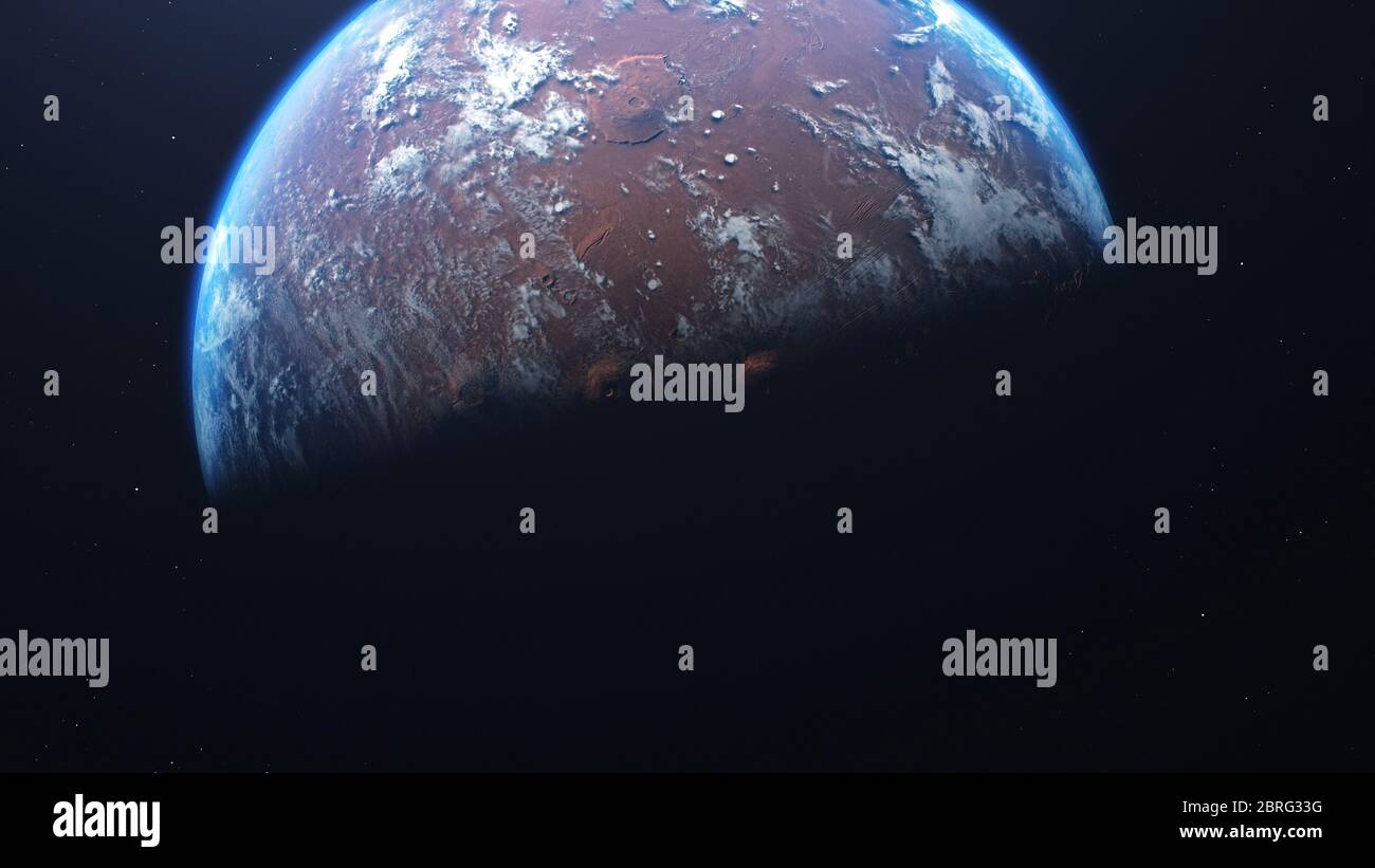 3D rendering of the process of terraforming Mars. The phased appearance ...