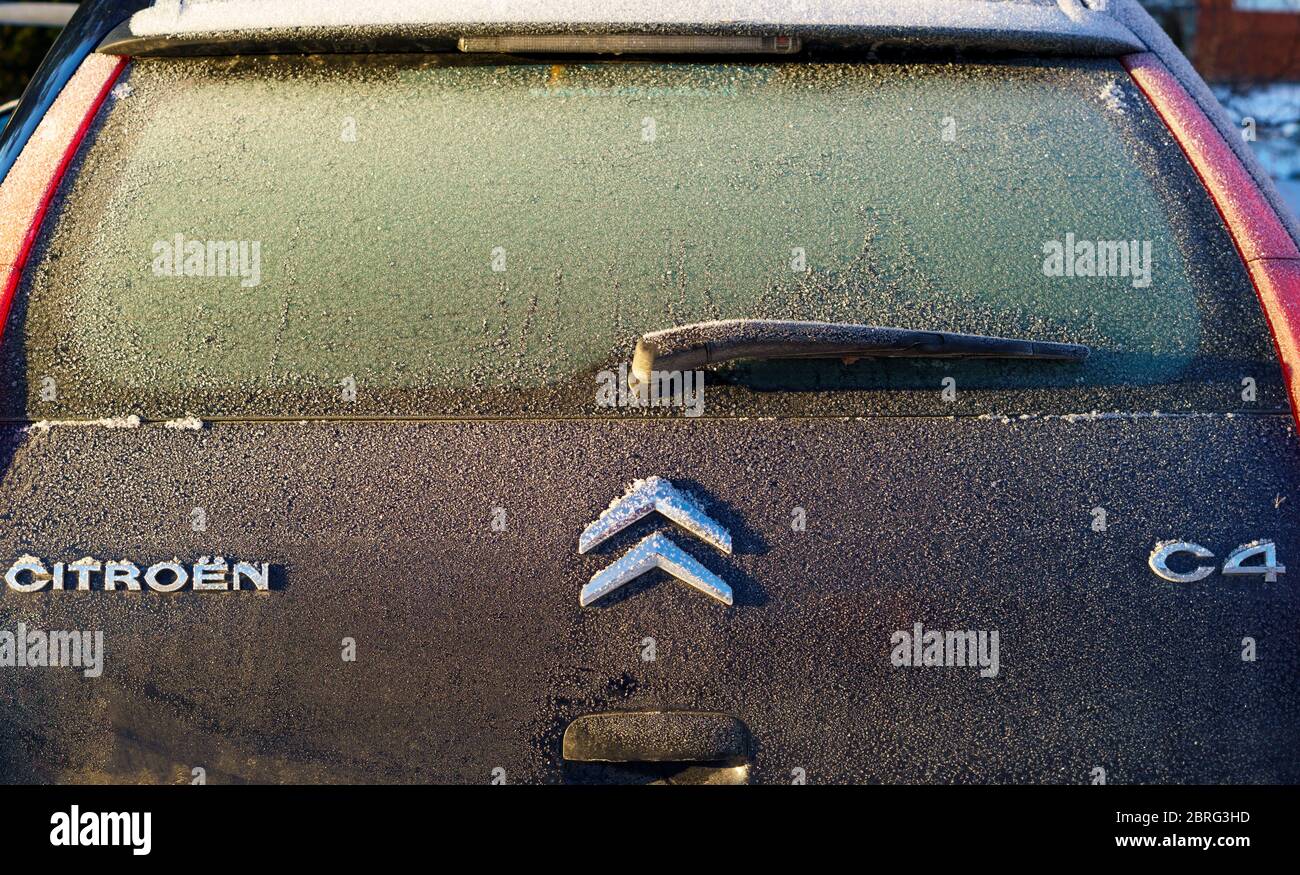 Citroen C4 car rear end covered with frost and ice at Winter Stock ...