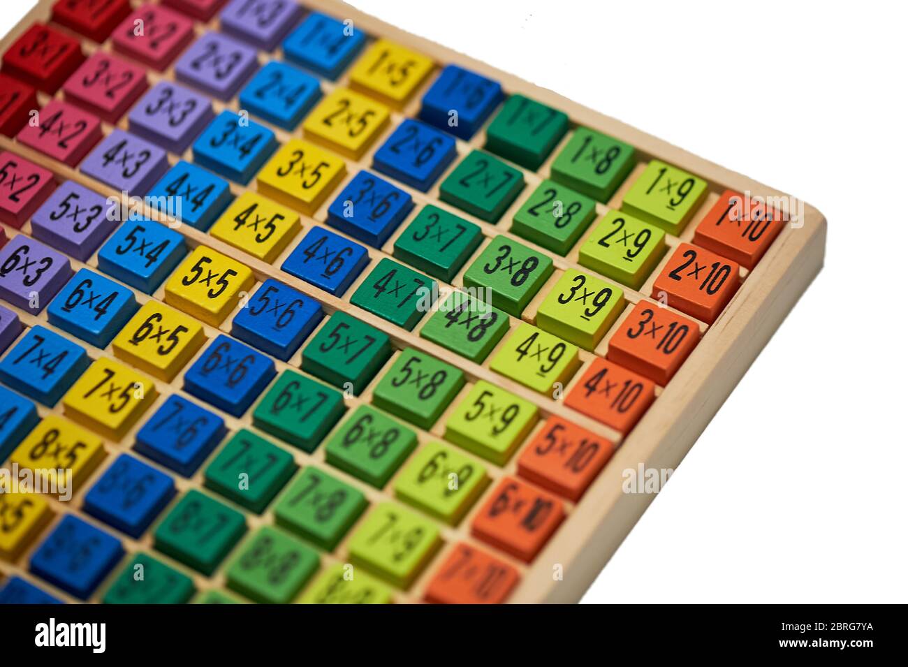 Multiplication table . Macro mode. Colored wooden cubes.Teaching ...