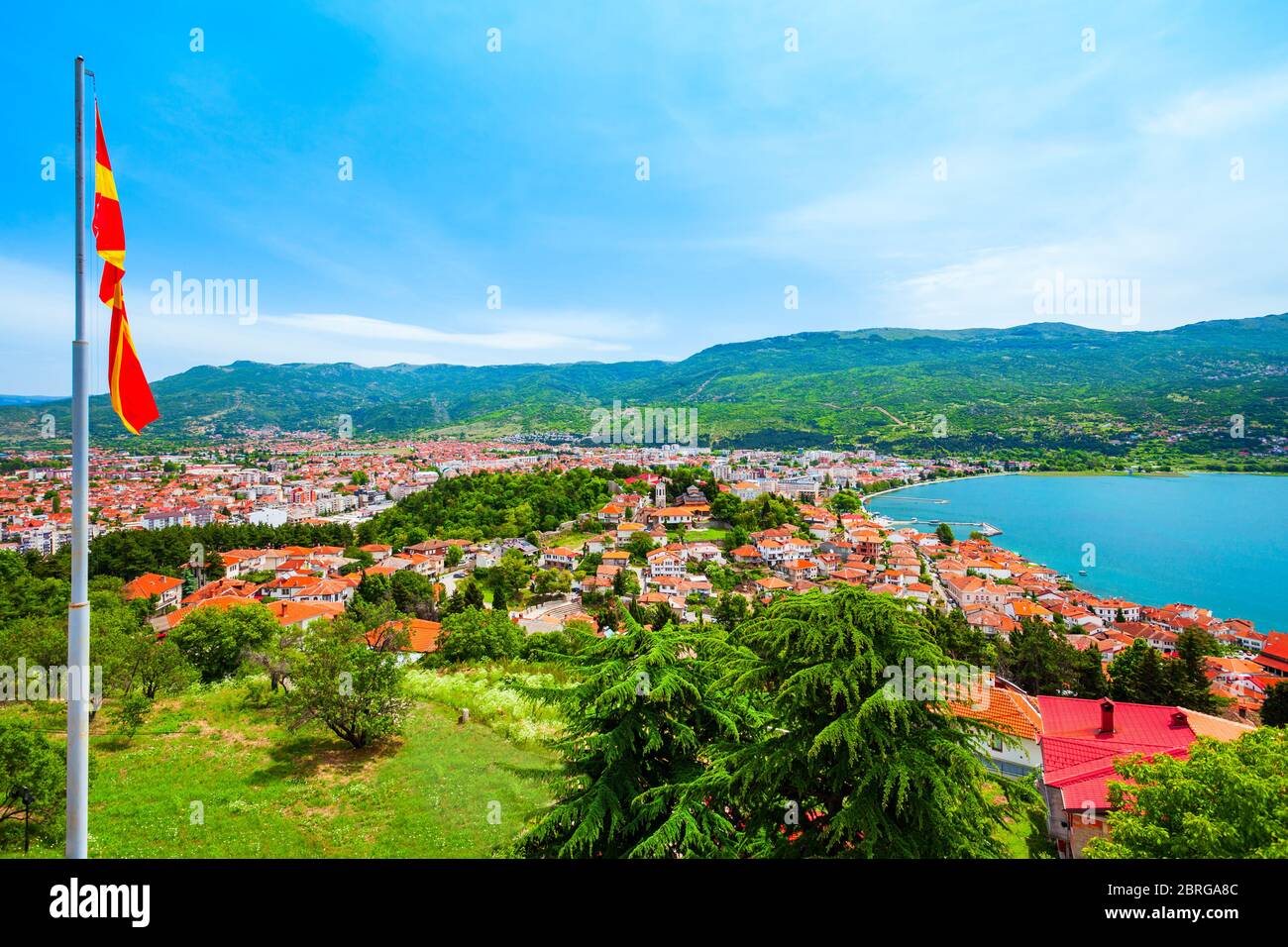 Lake Ohrid and Ohrid city aerial panoramic view from Samuel Fortress in ...