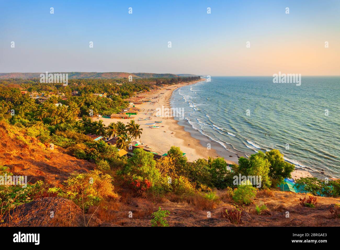 Beauty yellow sand Arambol beach aerial panoramic view. Arambol is a ...