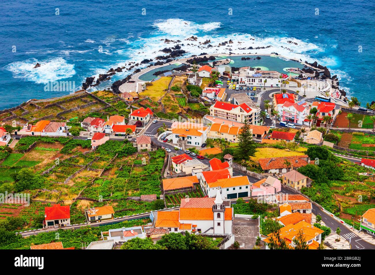 Porto Moniz town aerial panoramic view, Madeira island in Portugal ...