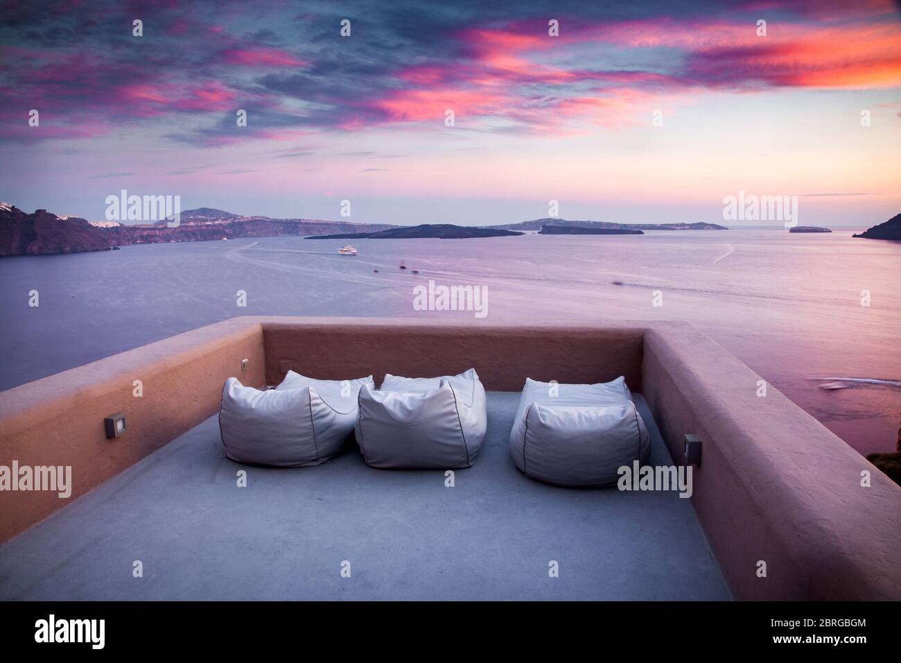 terrace overlooking the sea at sunset scenic travel background Stock ...