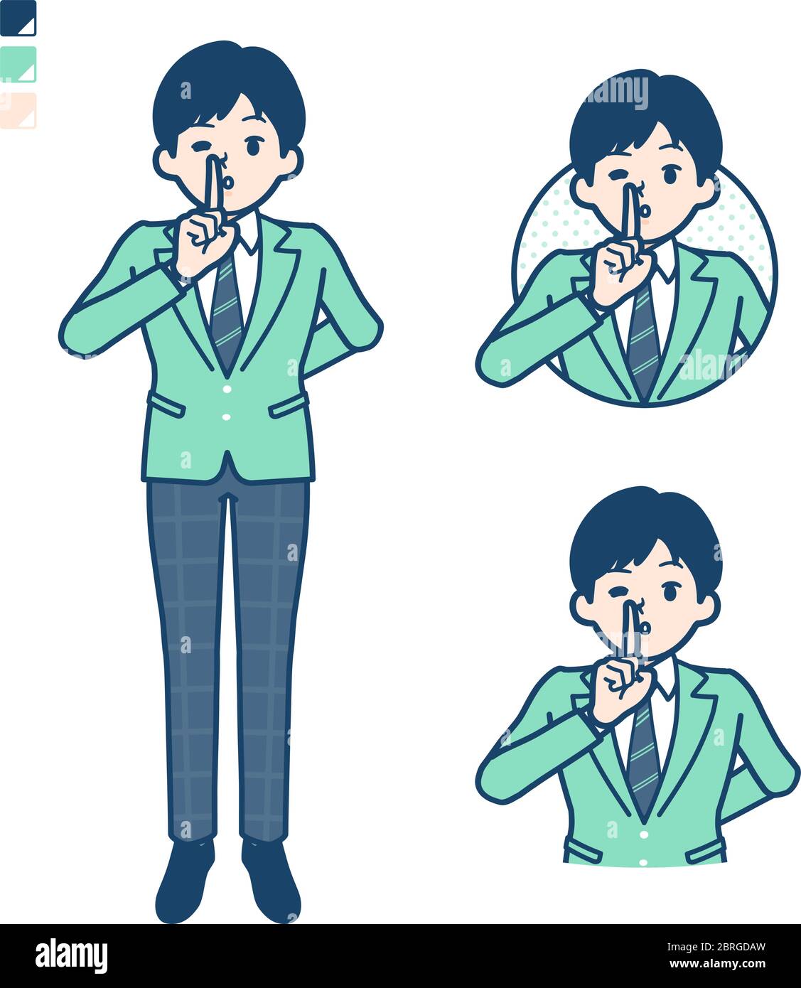 A student boy in a green blazer with be quiet hand sign images. It's ...