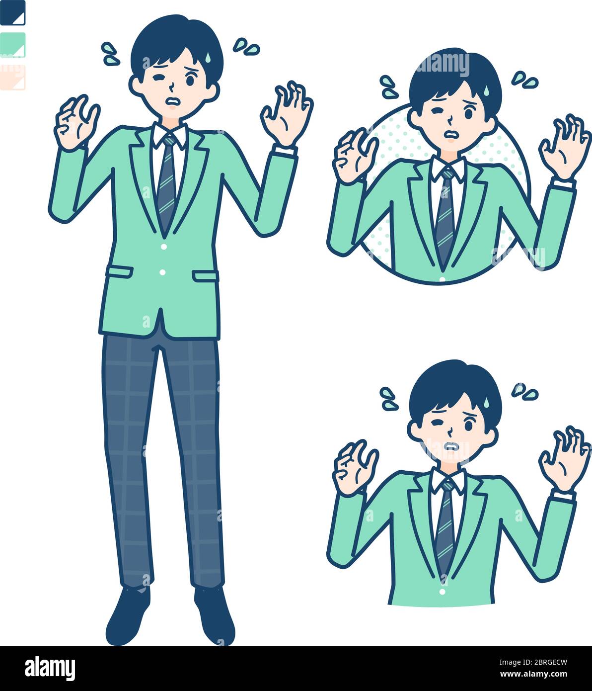 A student boy in a green blazer with panic images. It's vector art so ...