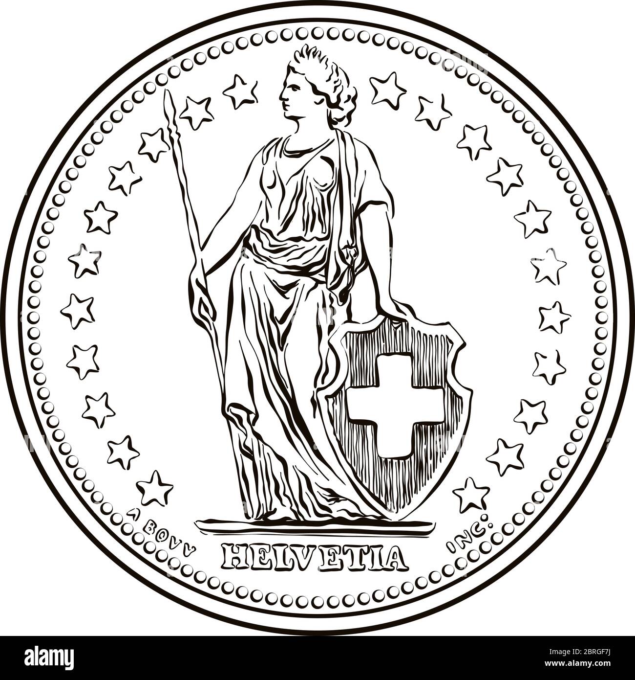 Black and white sketch of Obverse of 1 Swiss franc coin, Helvetia shown ...