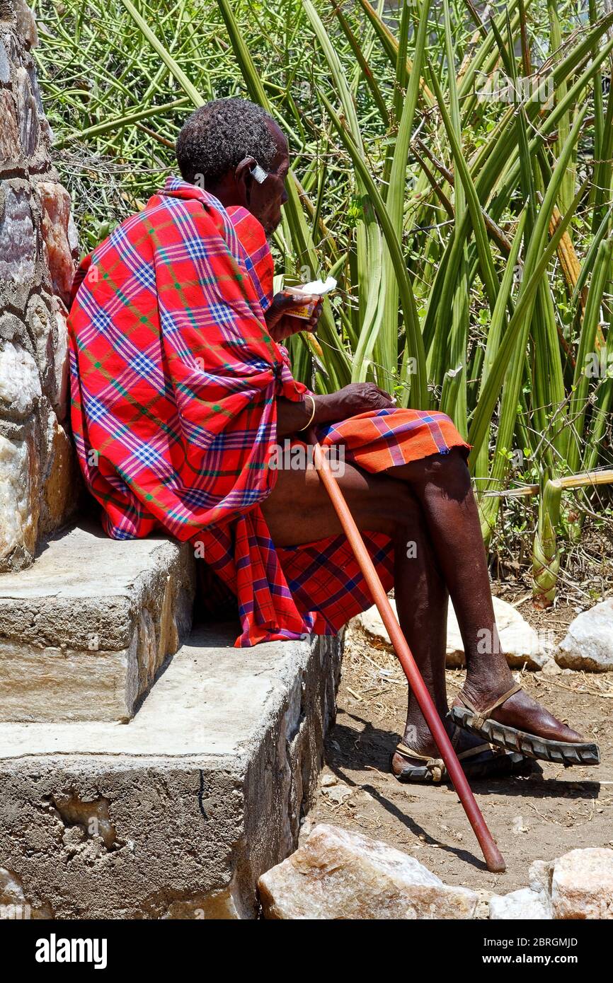 Maasai man sitting, wood staff, red plaid shukas, beaded ear ornament ...