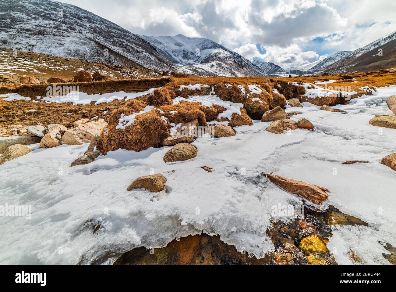 Landscape of snow mountains in Leh Ladakh with cloudy sky Stock Photo ...