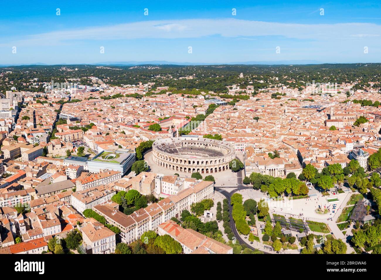 Nimes Arena aerial panoramic view. Nimes is a city in the Occitanie ...