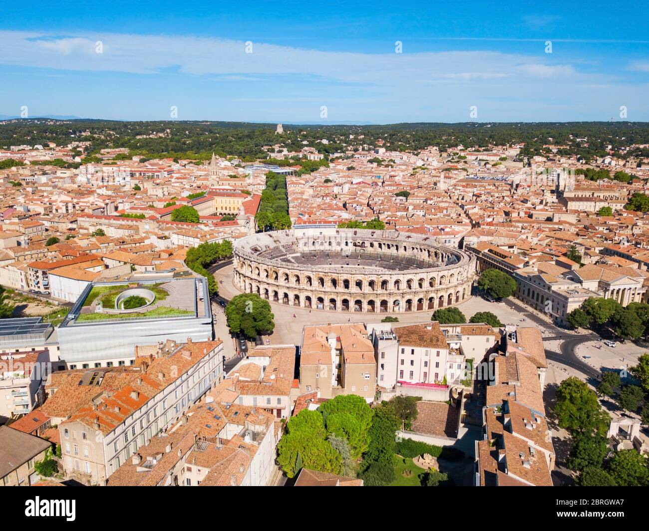 Nimes Arena aerial panoramic view. Nimes is a city in the Occitanie ...