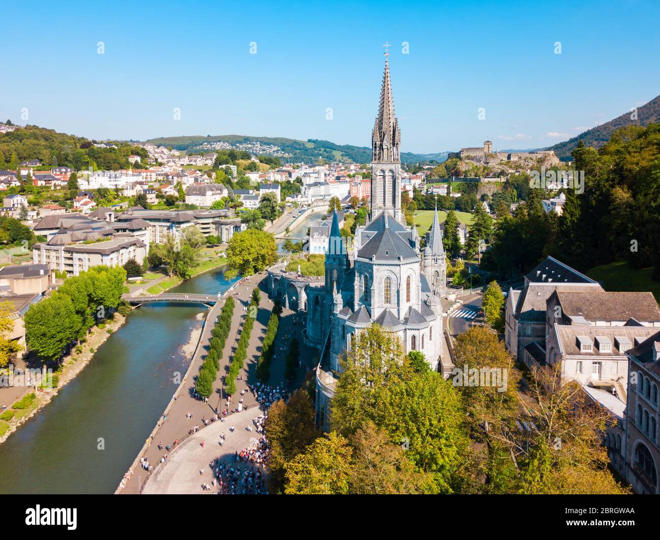 Sanctuary of Our Lady of Lourdes is a roman catholic church in Lourdes town in France Stock ...