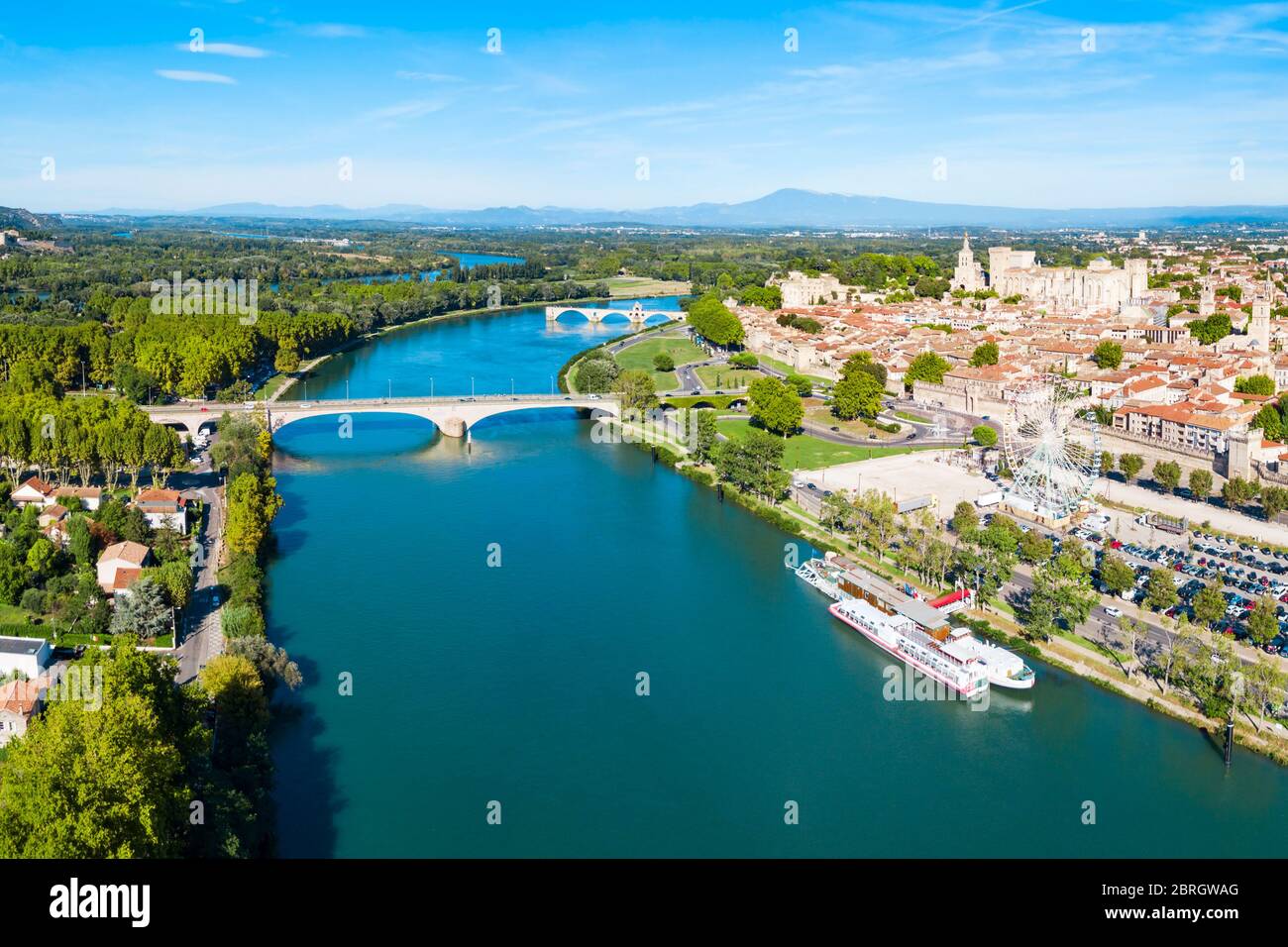 Rhone river aerial panoramic view in Avignon. Avignon is a city on the ...