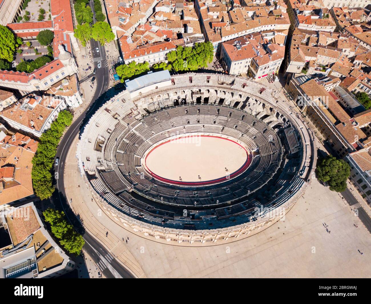 Nimes Arena aerial panoramic view. Nimes is a city in the Occitanie ...