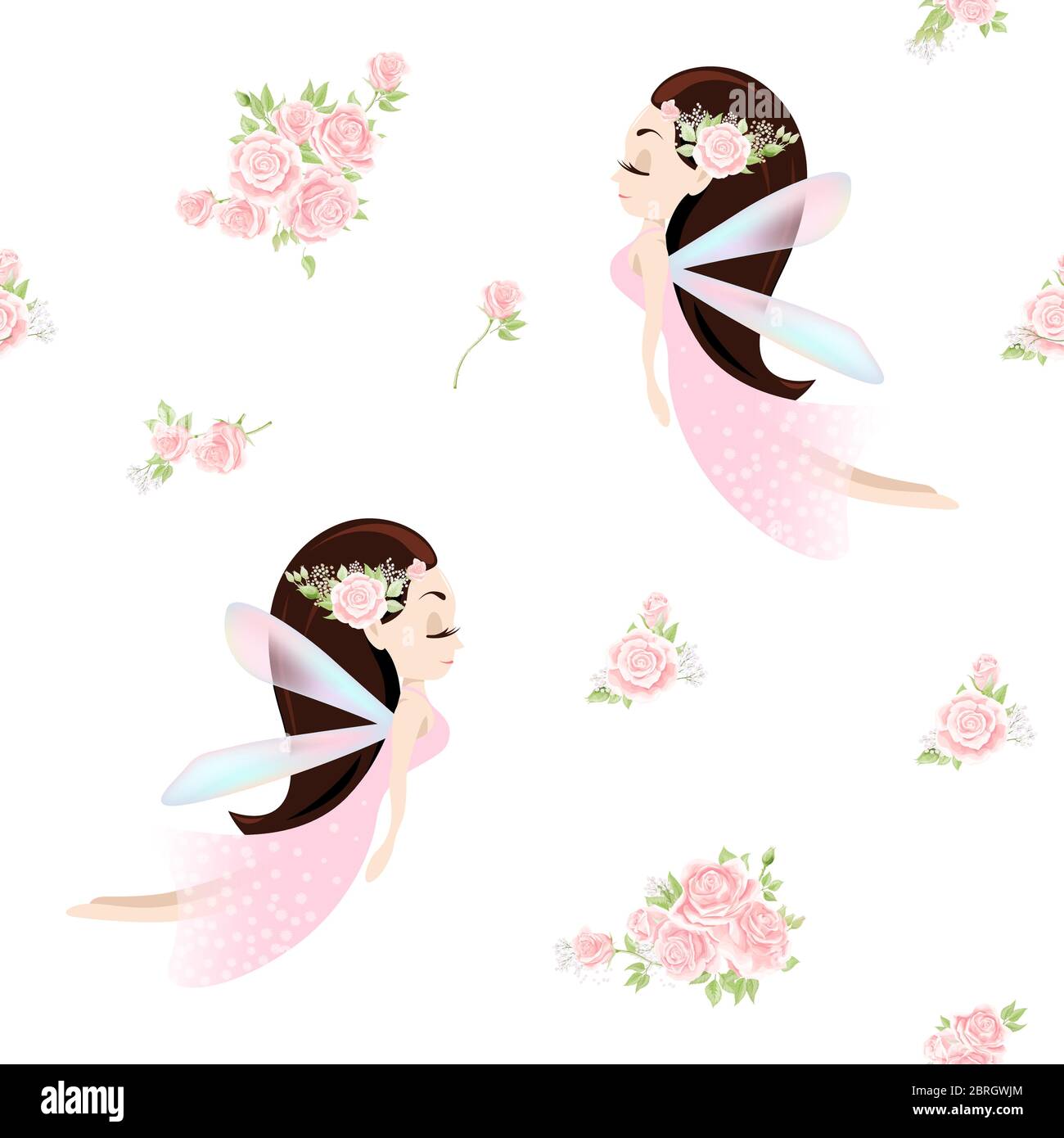 Vector seamless pattern with cute little fairy tale girls, mythical ...