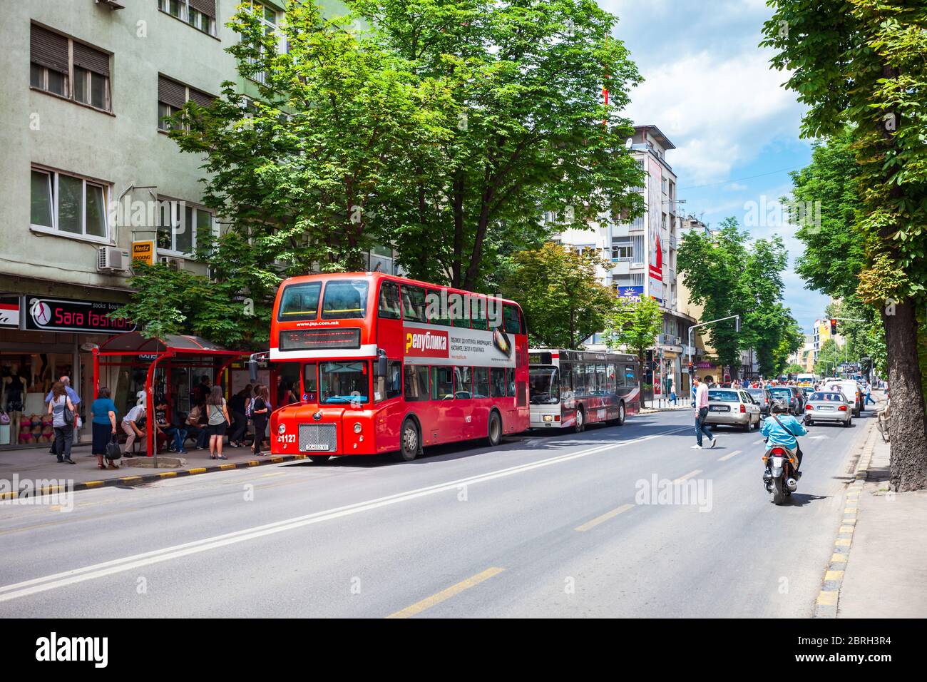 SKOPJE, MACEDONIA - MAY 31, 2013: Double decker red bus designed for ...