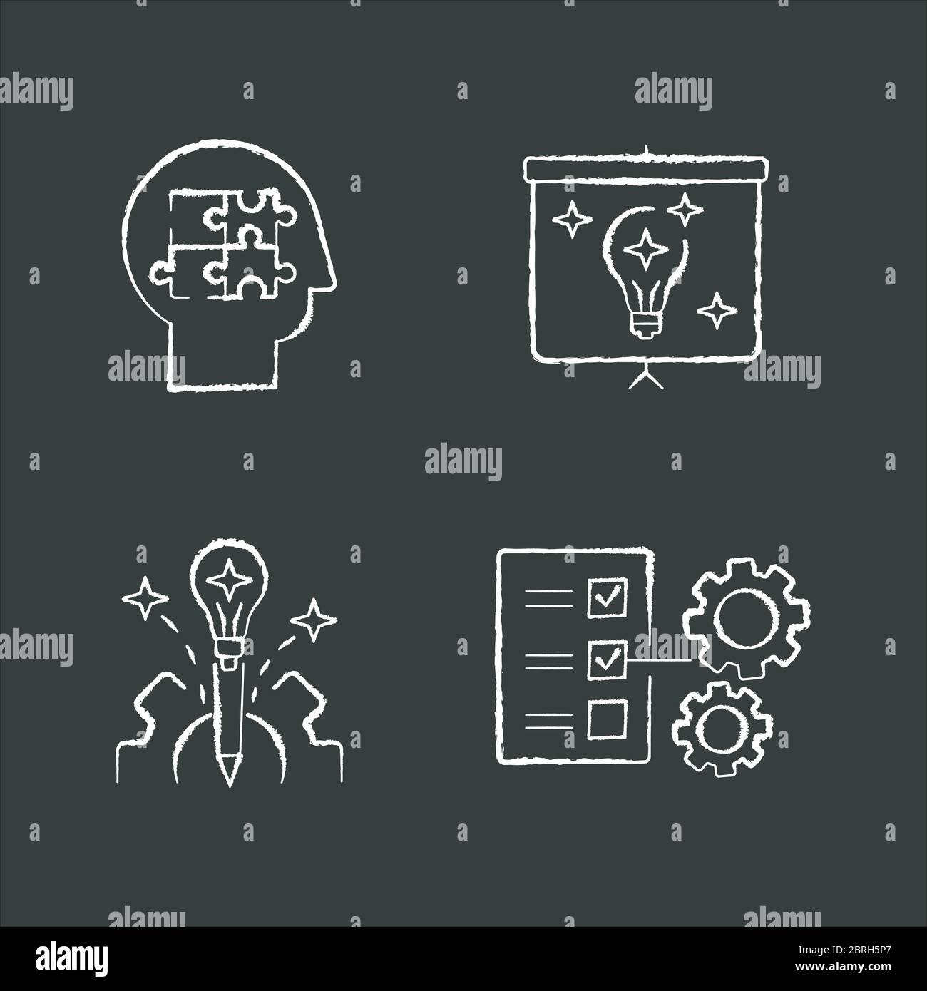 Creative approach chalk white icons set on black background Stock ...