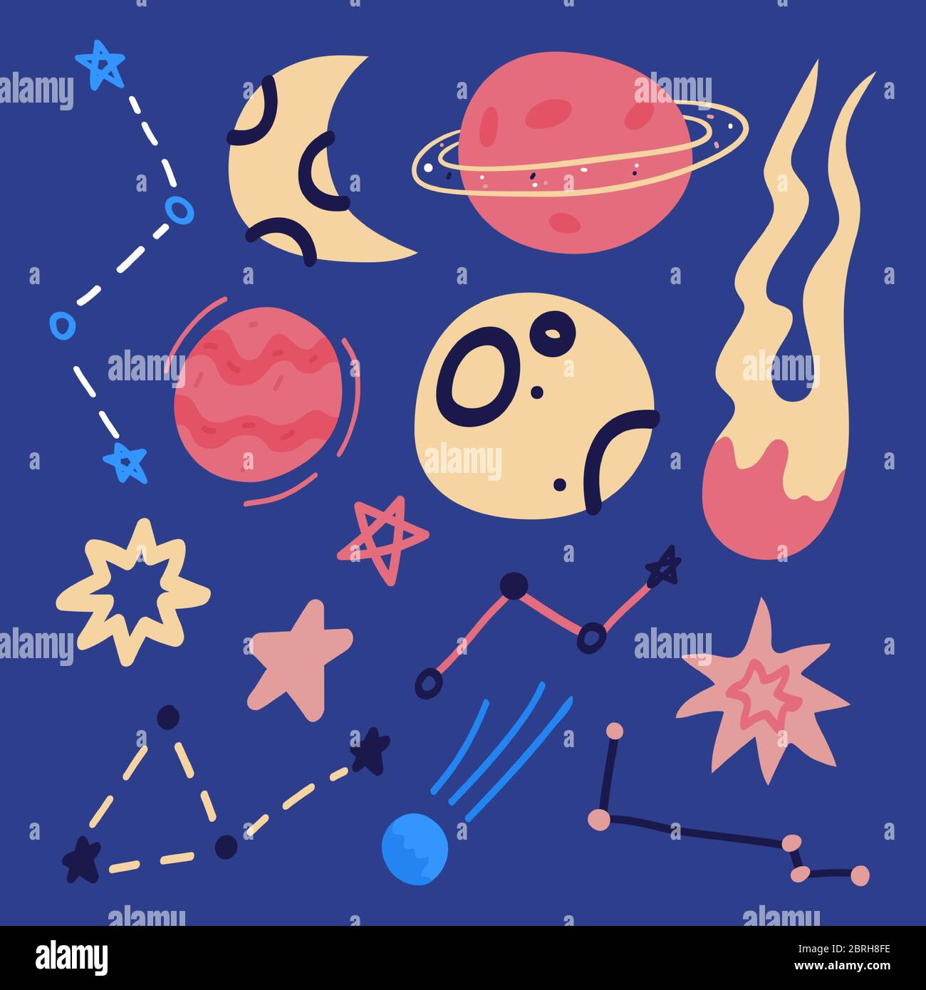 Set of hand drawn flat cartoon space element - rocket, planets and ...