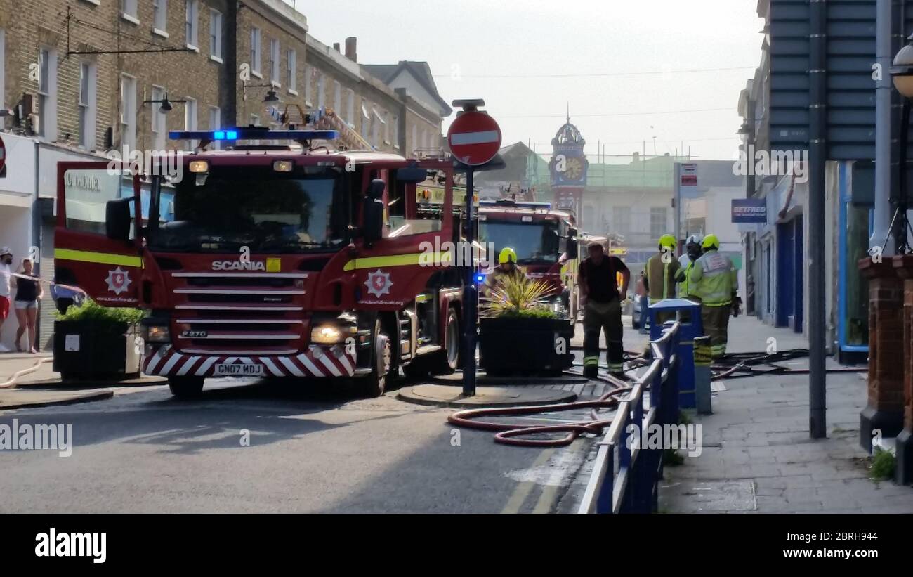 Sheerness, Kent, UK. 21st May, 2020. Three fire appliances attending a ...