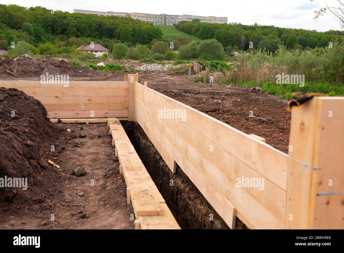 Wooden formwork for creating strip foundation for new house basis ...