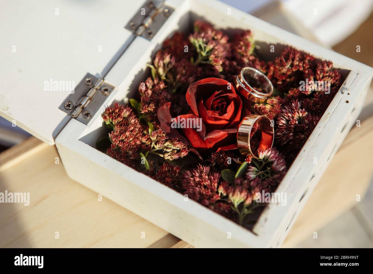 Two gold wedding rings in a beautiful wooden casket with green moss ...