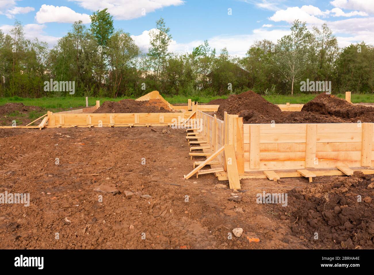 Wooden formwork for creating strip foundation for new house basis ...