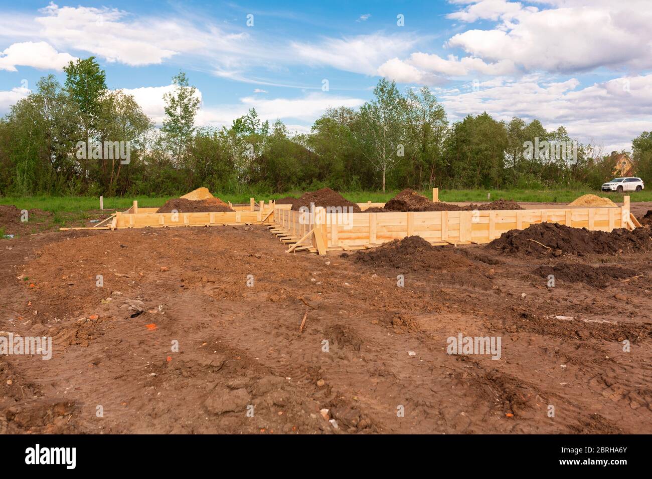Wooden formwork for creating strip foundation for new house basis ...