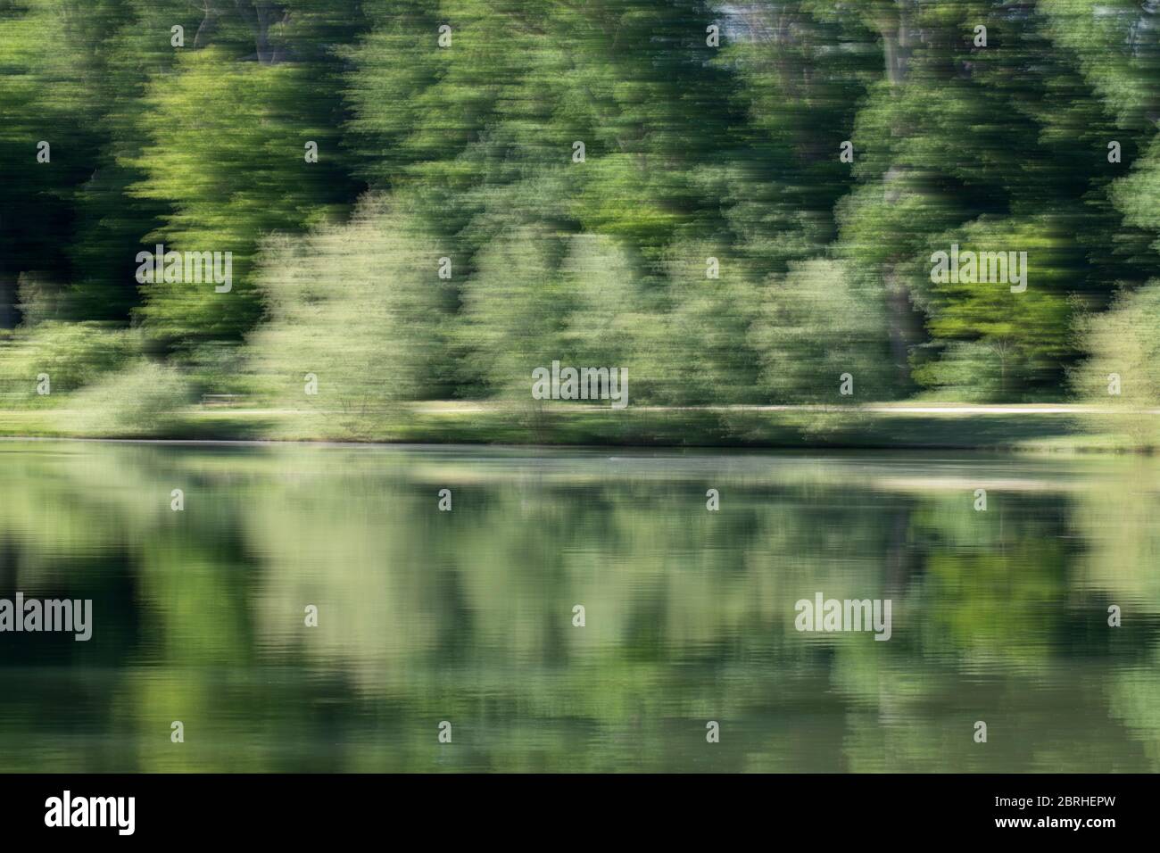 A motion blur of a forest path and a lake Stock Photo - Alamy