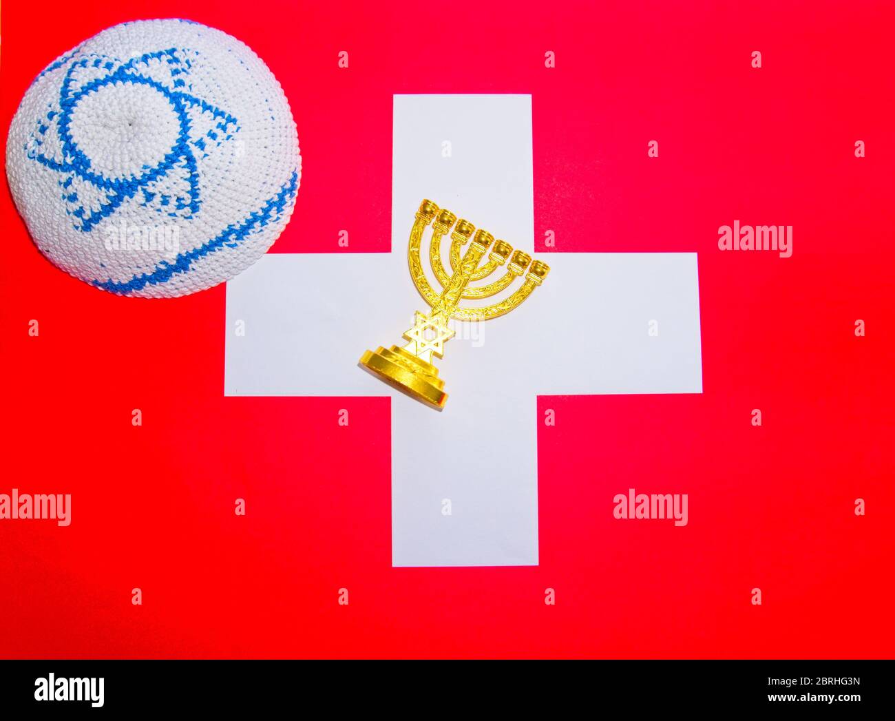 Swiss flag with a Kippah and a chandelier menorah.Jewish Swiss Stock ...