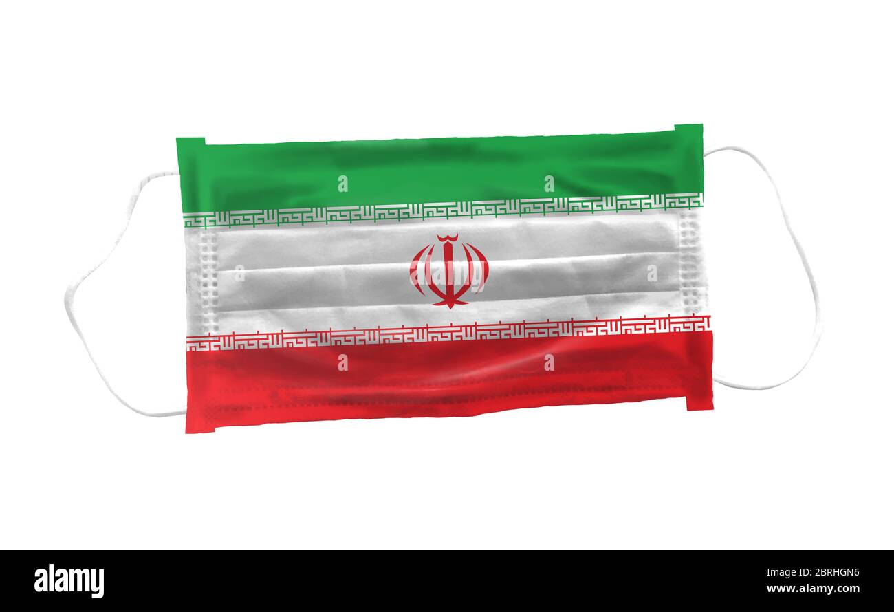 Medical mask with Iran flag pattern on white background, for corona or ...