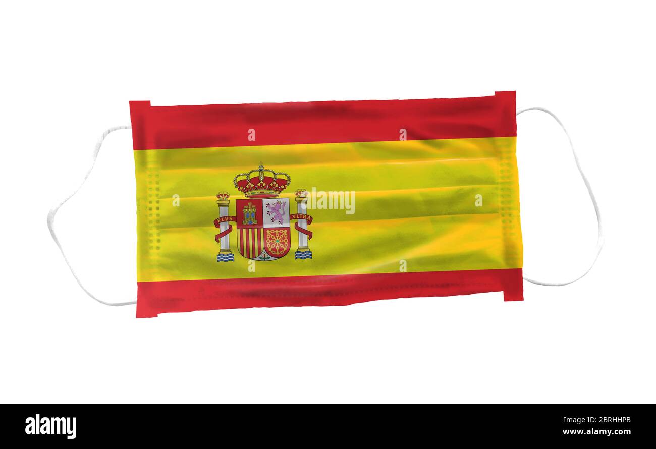 Medical mask with Spain flag pattern on white background, for corona or ...