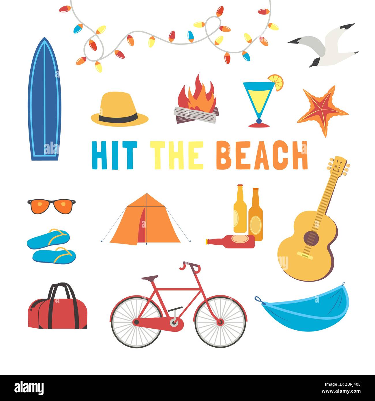 Summer beach activity icon set flat vector. Camp leisure rest design ...