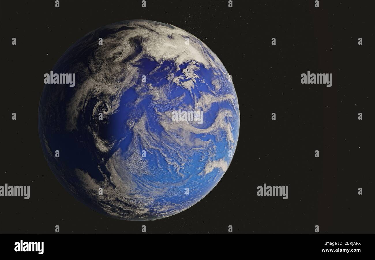 3D rendering of fantastic blue water planet with white atmosphere in ...