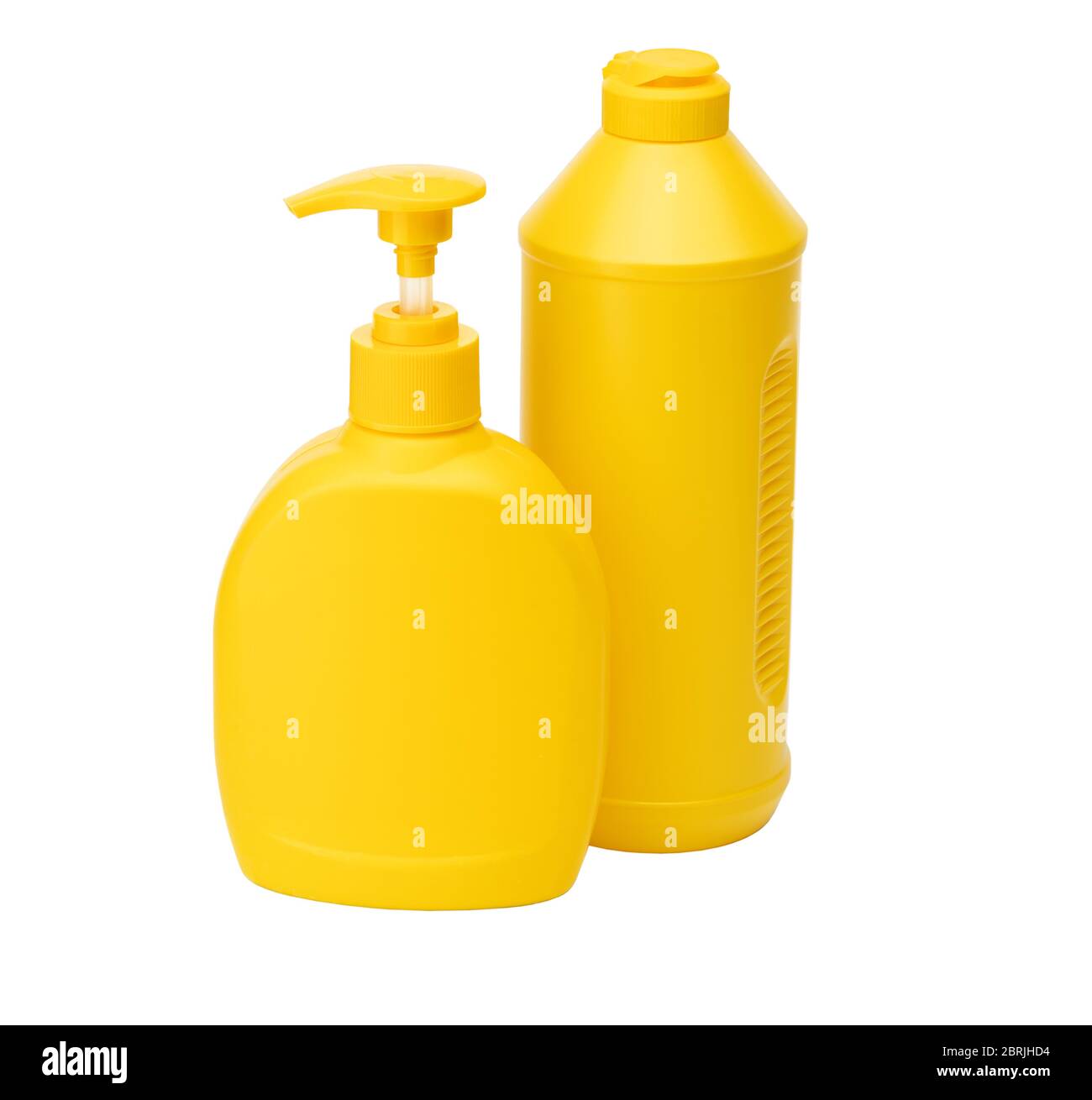 Two Yellow bottles with dishwashing liquid isolated on a white ...
