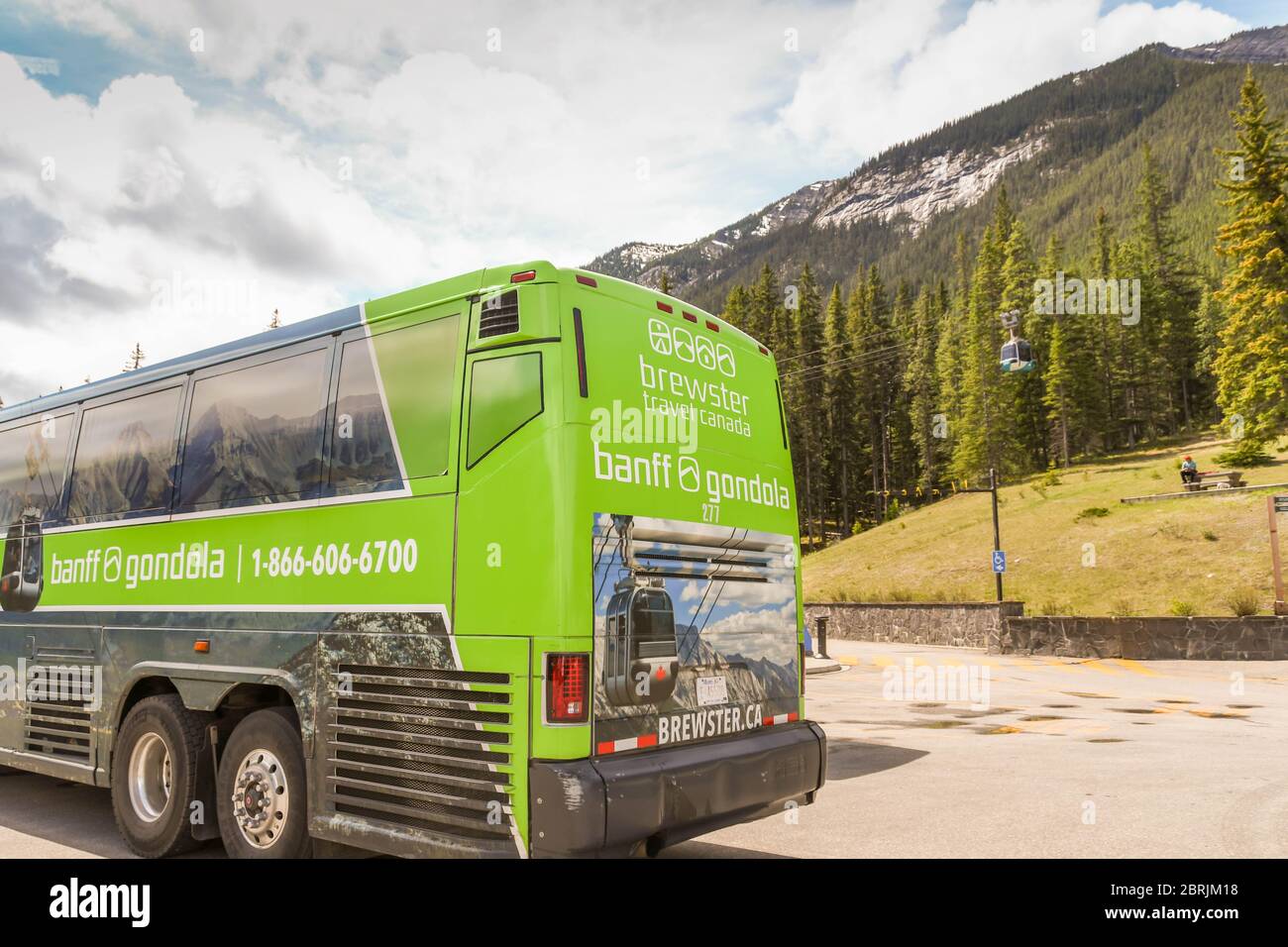 BANFF, ALBERTA, CANADA - JUNE 2018: Shuttle bus for the Banff Gondola ...
