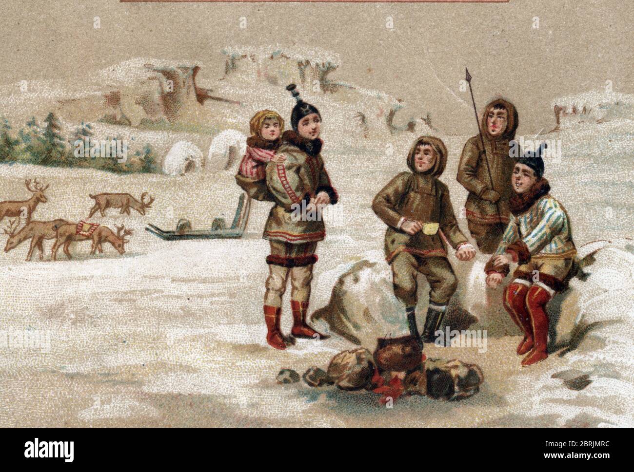 "Famille eskimo (inuit ou esquimau) reunie autour d'un feu sur la ...