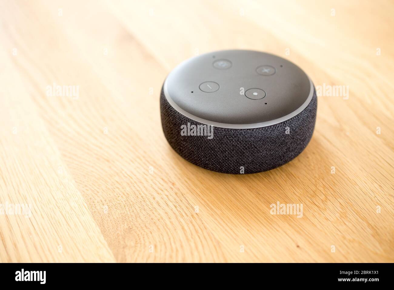 Smart speaker on table desk, voice controlled, device, smart home ...