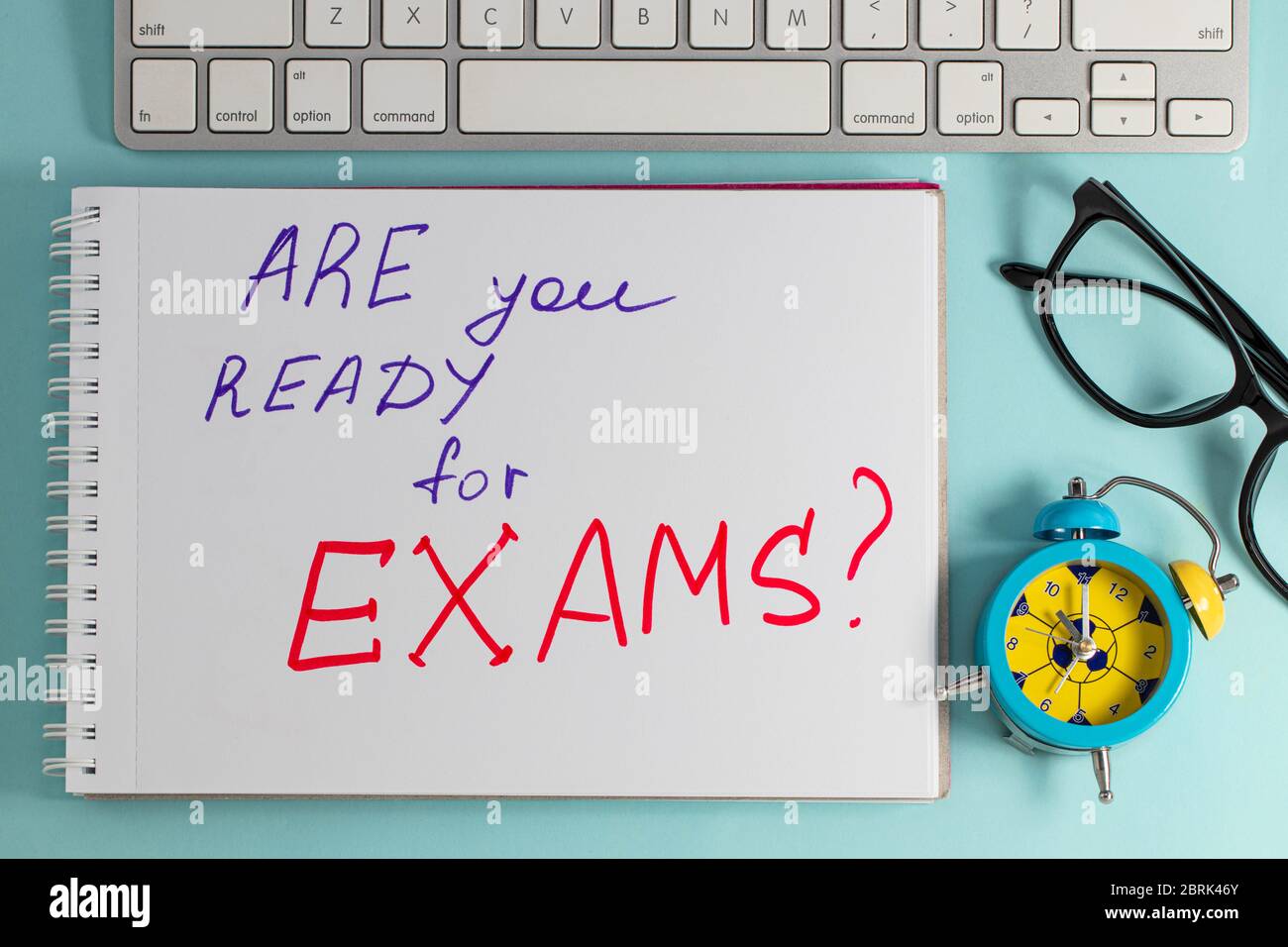 Notebook with question "Are you ready for exams?" on blue background ...