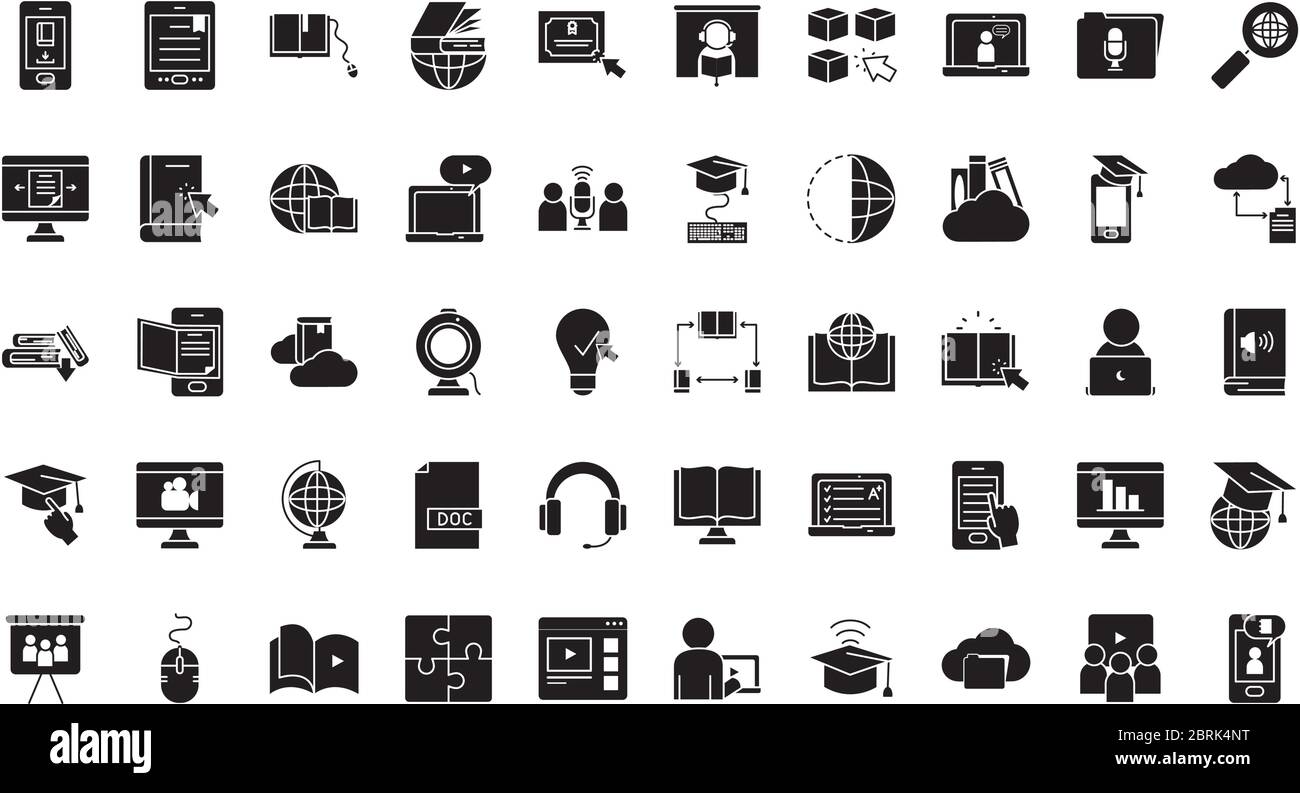 online learning icon set over white background, silhouette style ...