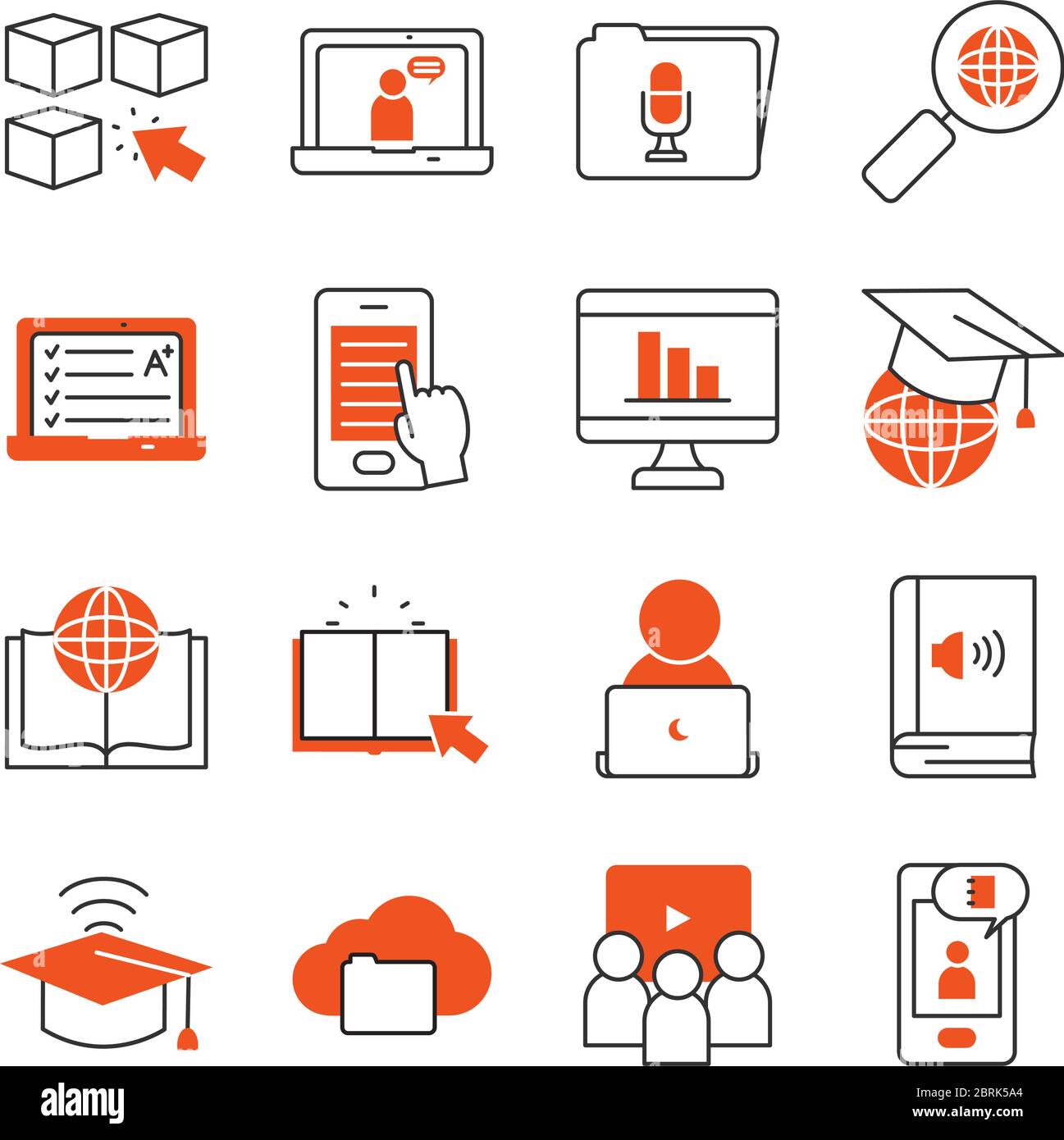 cloud storage and online learning icon set over white background, half ...