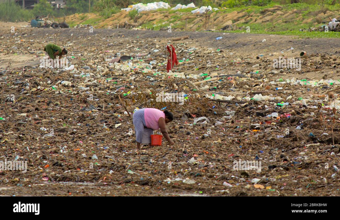 Sea Pollution: Garbage dumped in the Sri Lankan Sea near Colombo. women ...