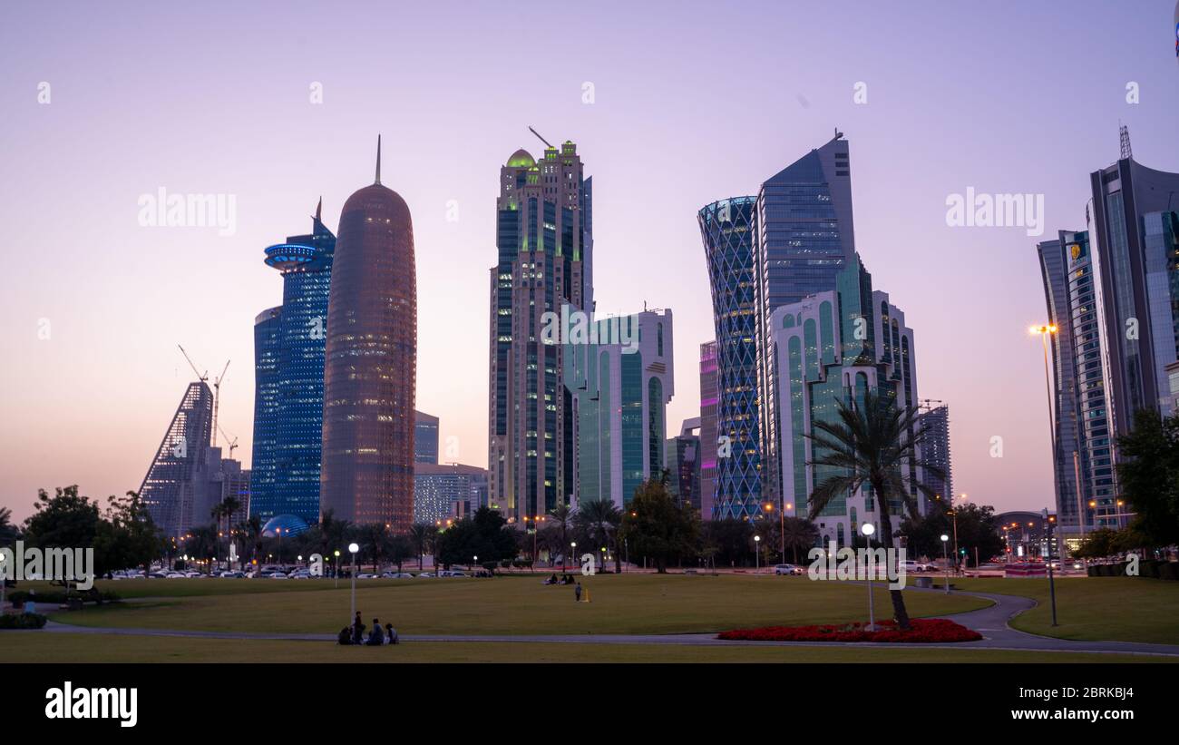 Doha, Qatar- 14 February 2019 : The beautiful skyline of the doha city ...