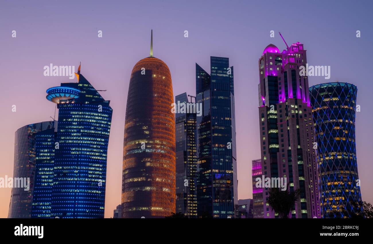 Doha, Qatar- 14 February 2019 : The beautiful skyline of the doha city ...
