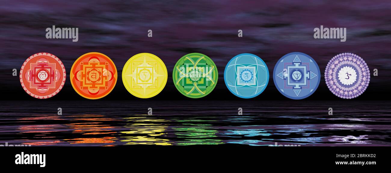 Seven chakra symbols on the horizon line - 3D render Stock Photo - Alamy